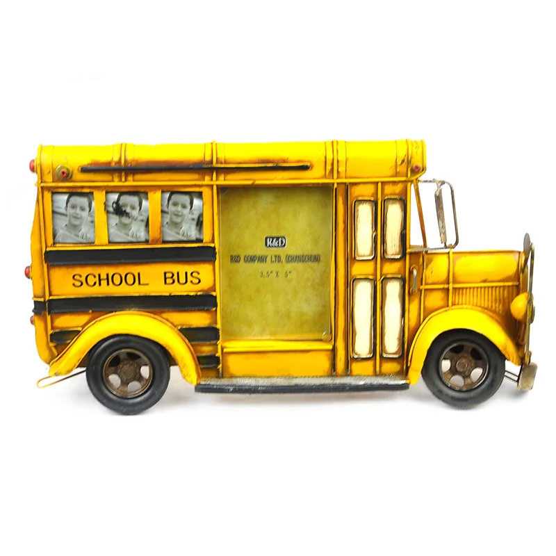 Vintage School Bus Model Metal Crafts Retro Bus Photo Frame Iron Bus ...