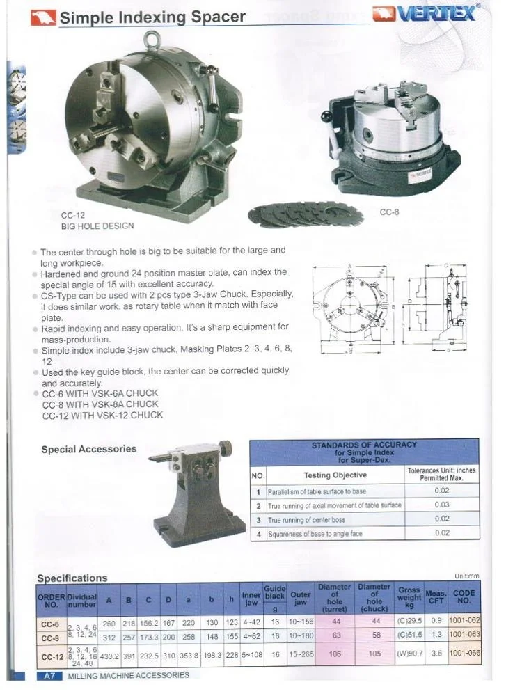 VERTEX Simple Indexing Spacer CC-6 CC-8 with VSK-6A VSK-8A 3-Jaw Chuck
