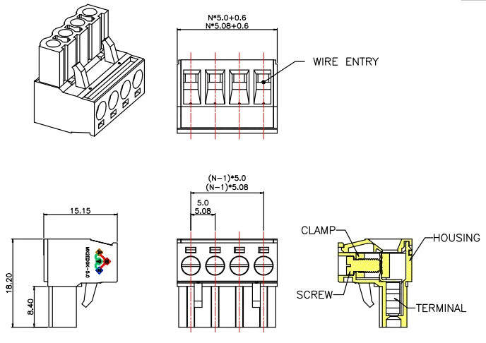 Red Blue Black Yellow Orange White Green Terminal Block 5.08mm Pitch
