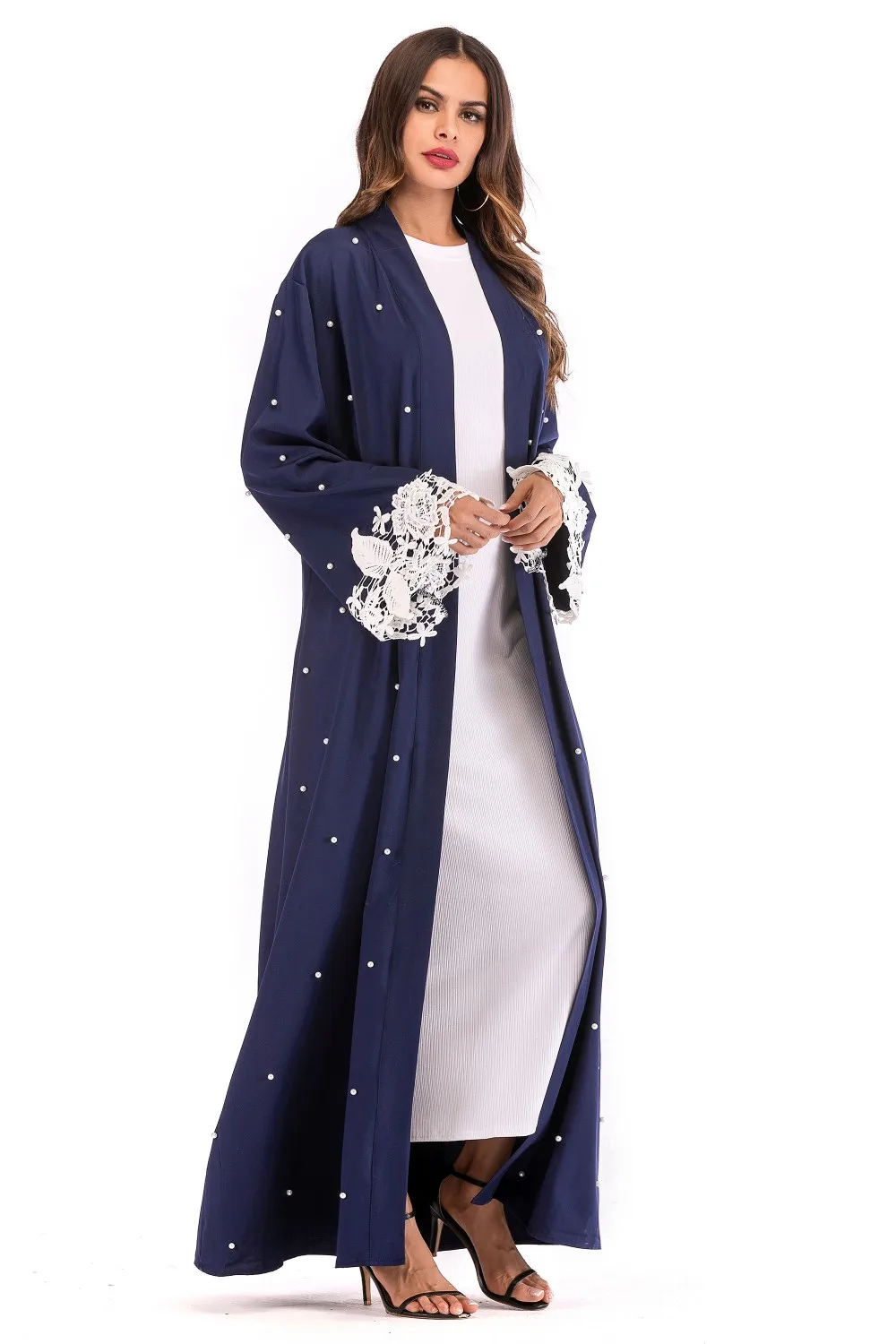 1637# Muslim White Floral Cuff Open Abaya Pearls Full Dresses Cardigan Kimono Long Robe Jubah ...