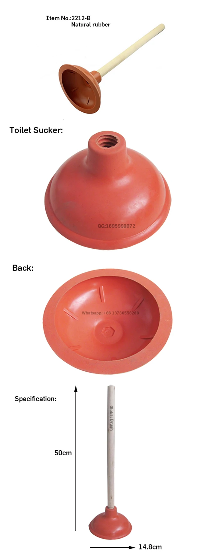 HQ2216 Bathroom Rubber Toilet Plunger with Wooden Stick