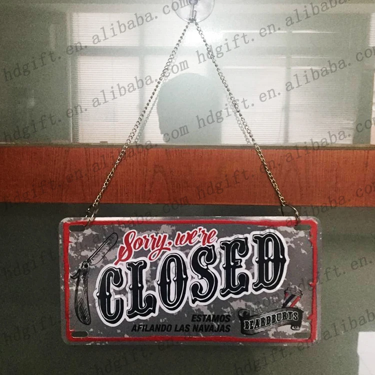 Embossed Aluminum Open Closed Door Sign Custom Metal Chain Hanging Shop ...