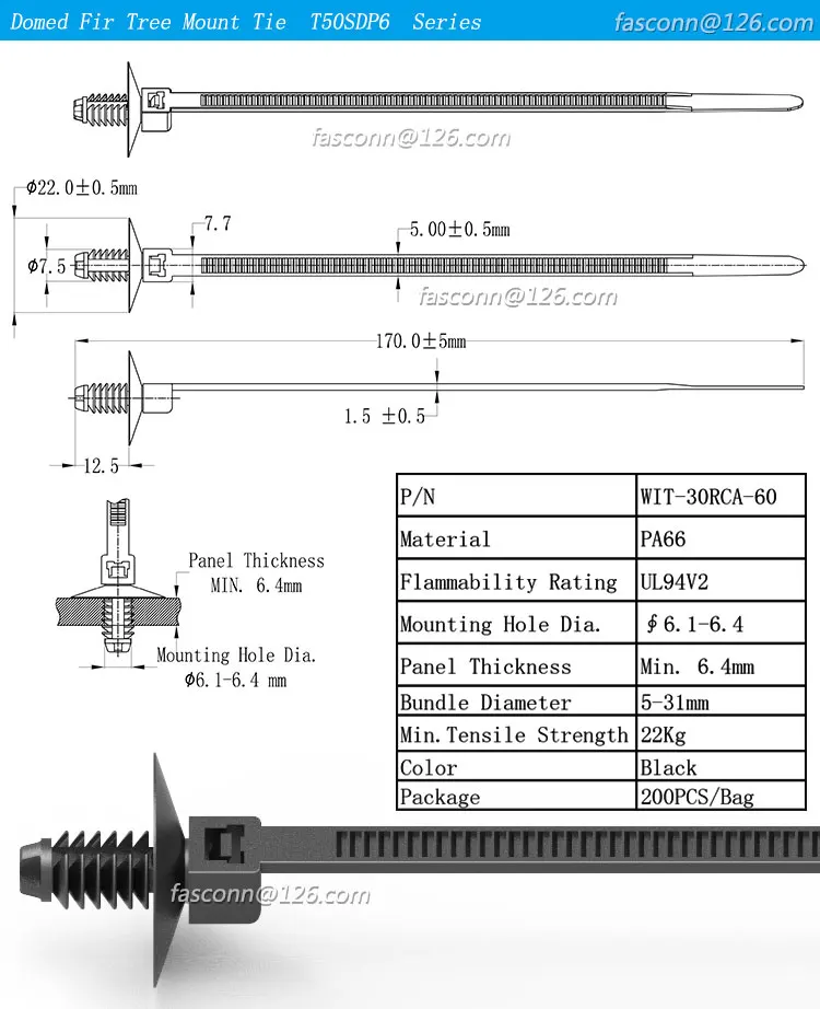 Releasable Arrowhead Push Rivet Mount Automotive Cable Ties