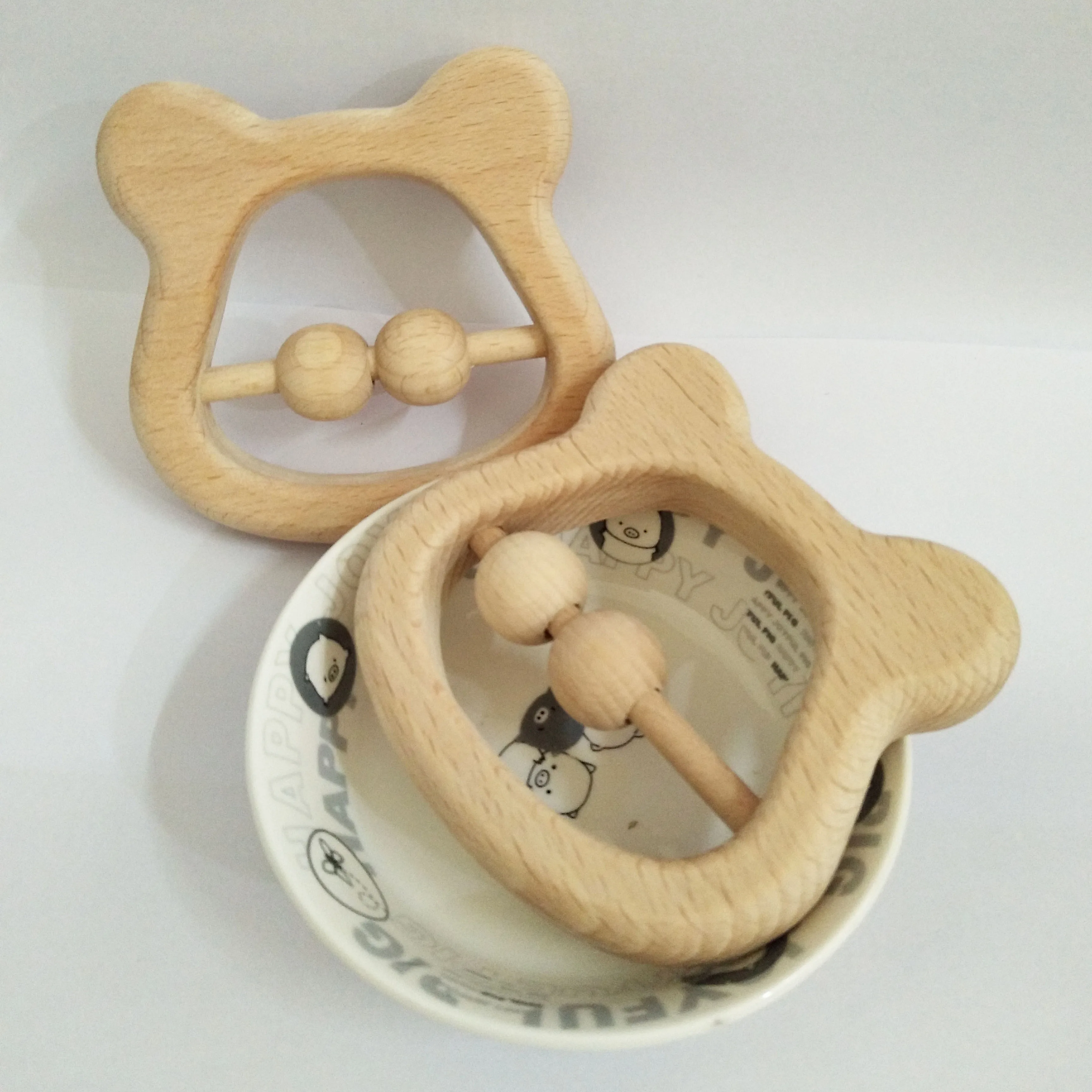 Baby Shaking Rattle - Wood Bear Shape with 2 Beads
