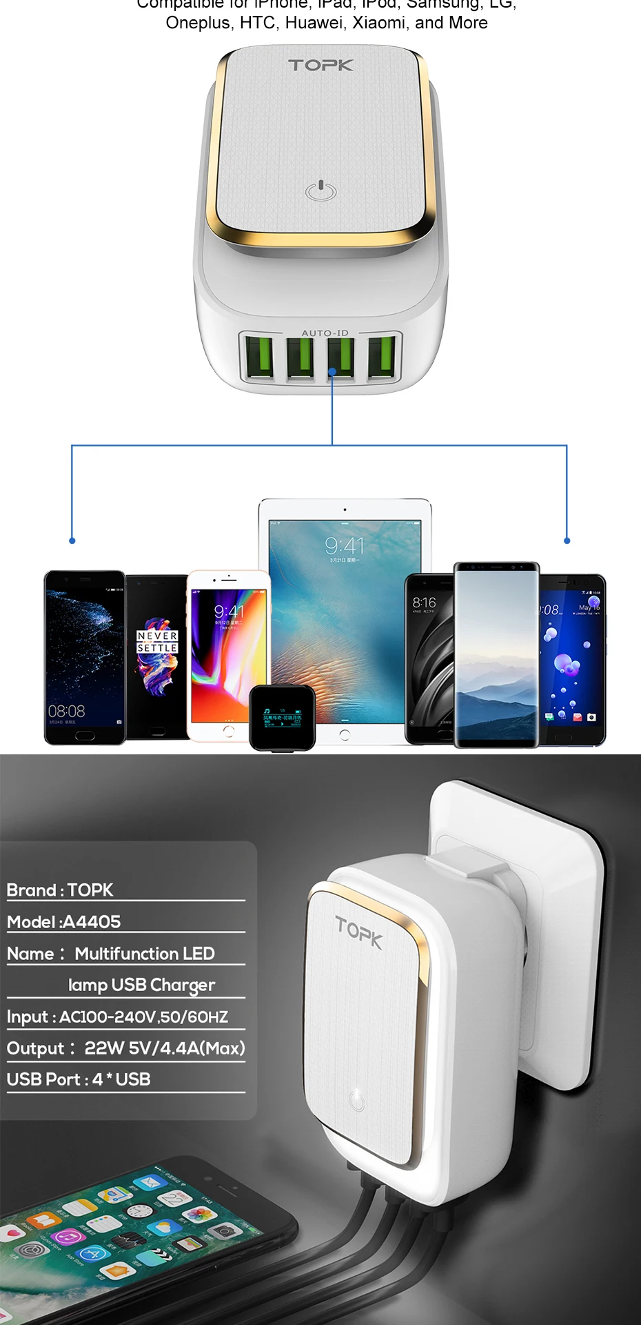 Topk B413 4-port 22w Adjustable Led Lamp Usb Charger Adapter Auto-id ...