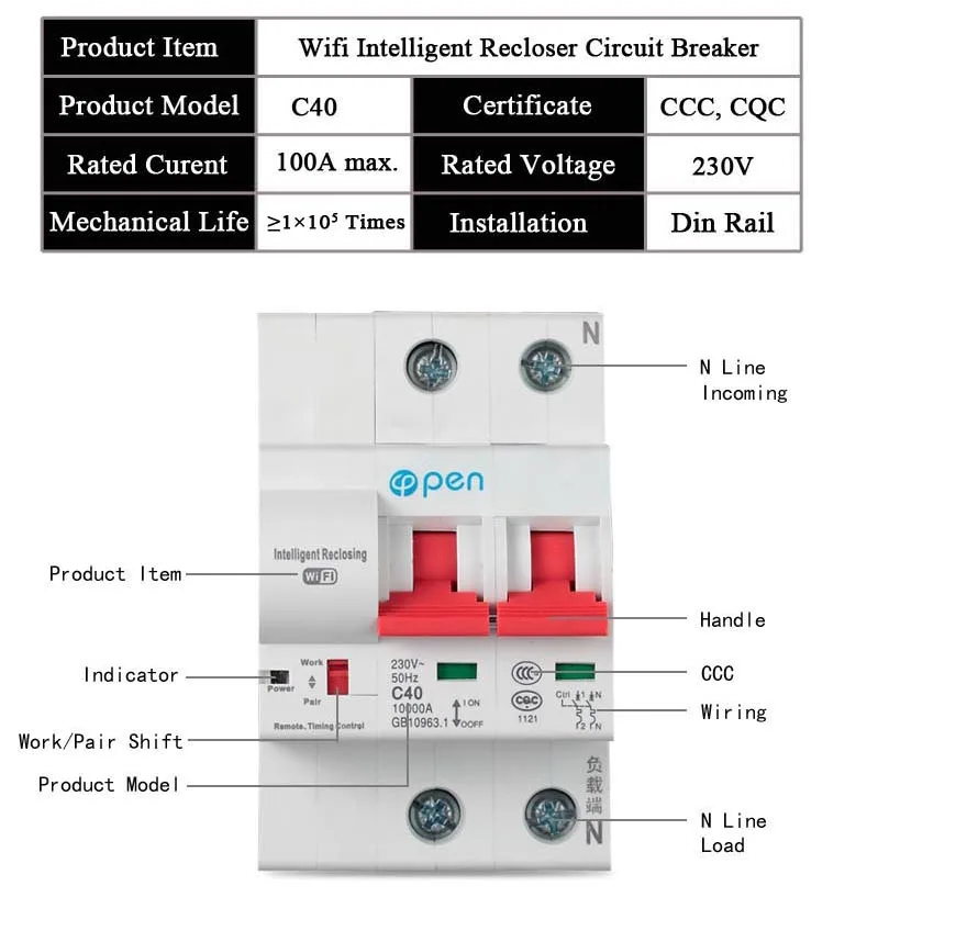 2P Remote Control Reclosing Wifi Circuit Breaker for Alexa