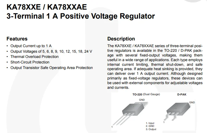 KA7805 Transistor - 5V Voltage Regulator in TO-220 NPN PMIC