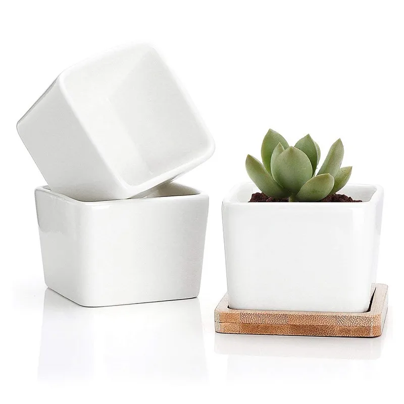 3.54 Inch Ceramic Small Square Planters Cactus Plant Pots With Bamboo ...