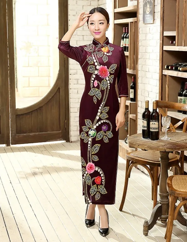 sexy side slit velvet chinese qipao dress long sleeve cheongsam ...