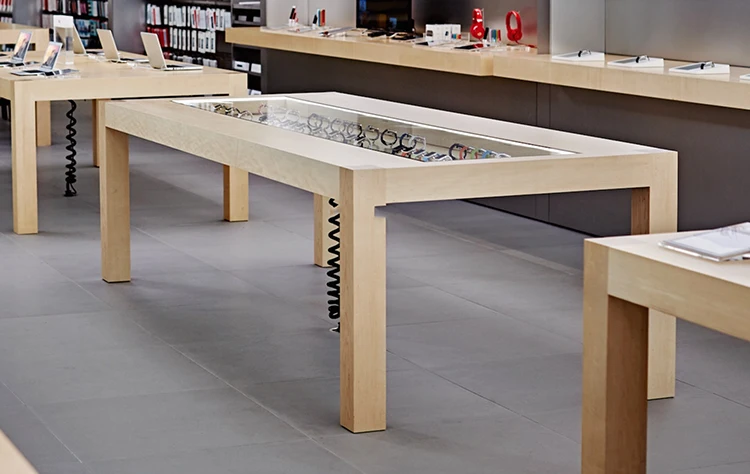 Wood Veneer Apple Store Wood Display Table With 4 Legs Furniture Design ...