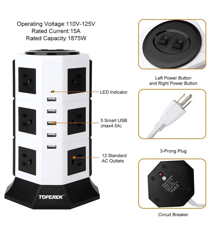 Extension Cord Power Strip Tower 12 Outlet 5 Usb Ports With Us Uk Eu ...