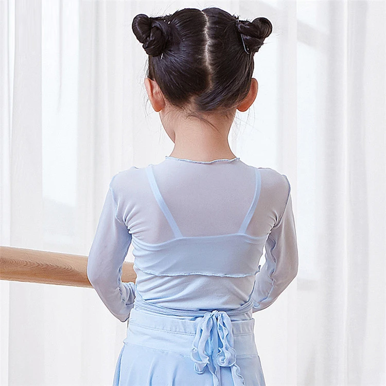 New Coming Kids Girls Mesh Long Sleeve Black White Ballet Wrap Top ...