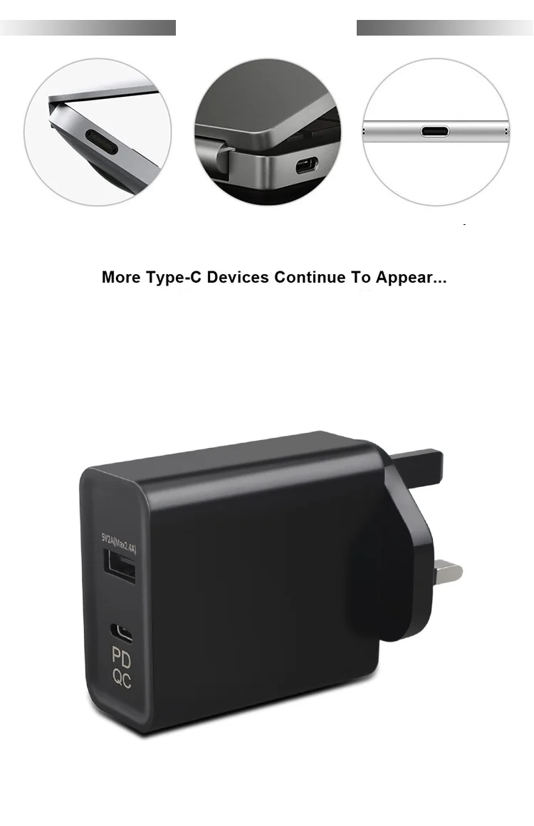 Ac Uk 3pin Usb-c Power Adapter Qc3.0 Type-c Quick Fast Travel Wall ...