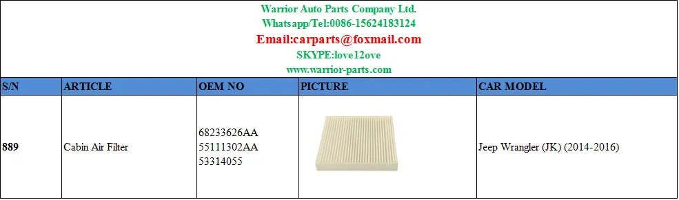 Auto Cabin Air Filter 68233626aa 55111302aa For 2011-2016 Jeep Wrangler ...