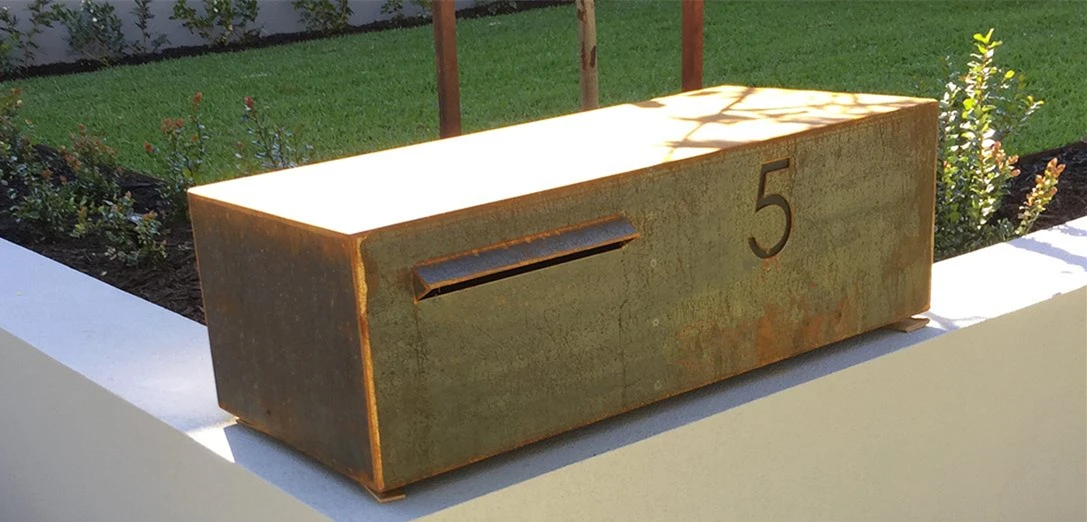 Modern Red Metal Mailbox with Corten Steel Letter Box & Hanging Wall ...