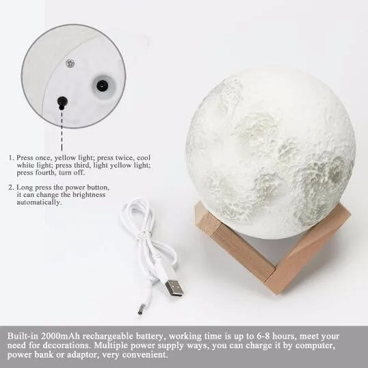 3D Print Moon Lamp - Adjustable Night Light with Wood Holder