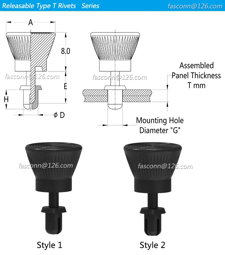 Nylon 6 Releasable Knob-shaped Snap Rivets, Black/white, 1000pcs, Oem