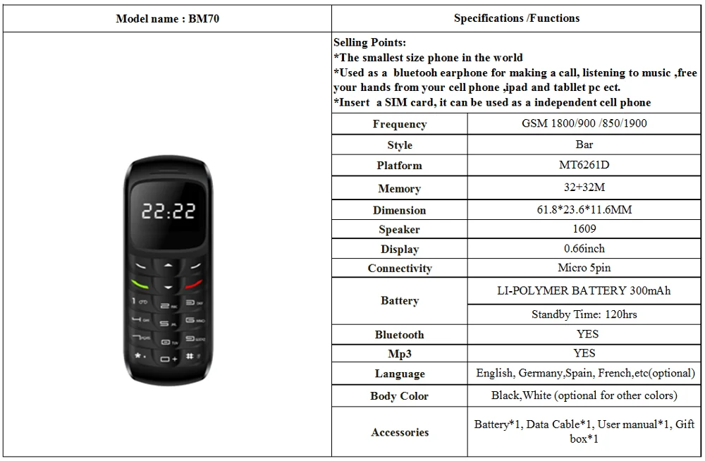 Mini Mobile Phone Bm70 Display 0.66inch Tiny - Buy Mini Mobile Phone ...