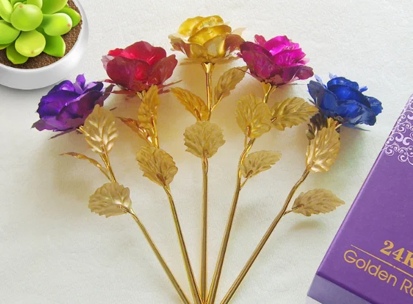 24k Gold Plated Golden Rose Flower Gold Foil Long Stem Rose Flower ...