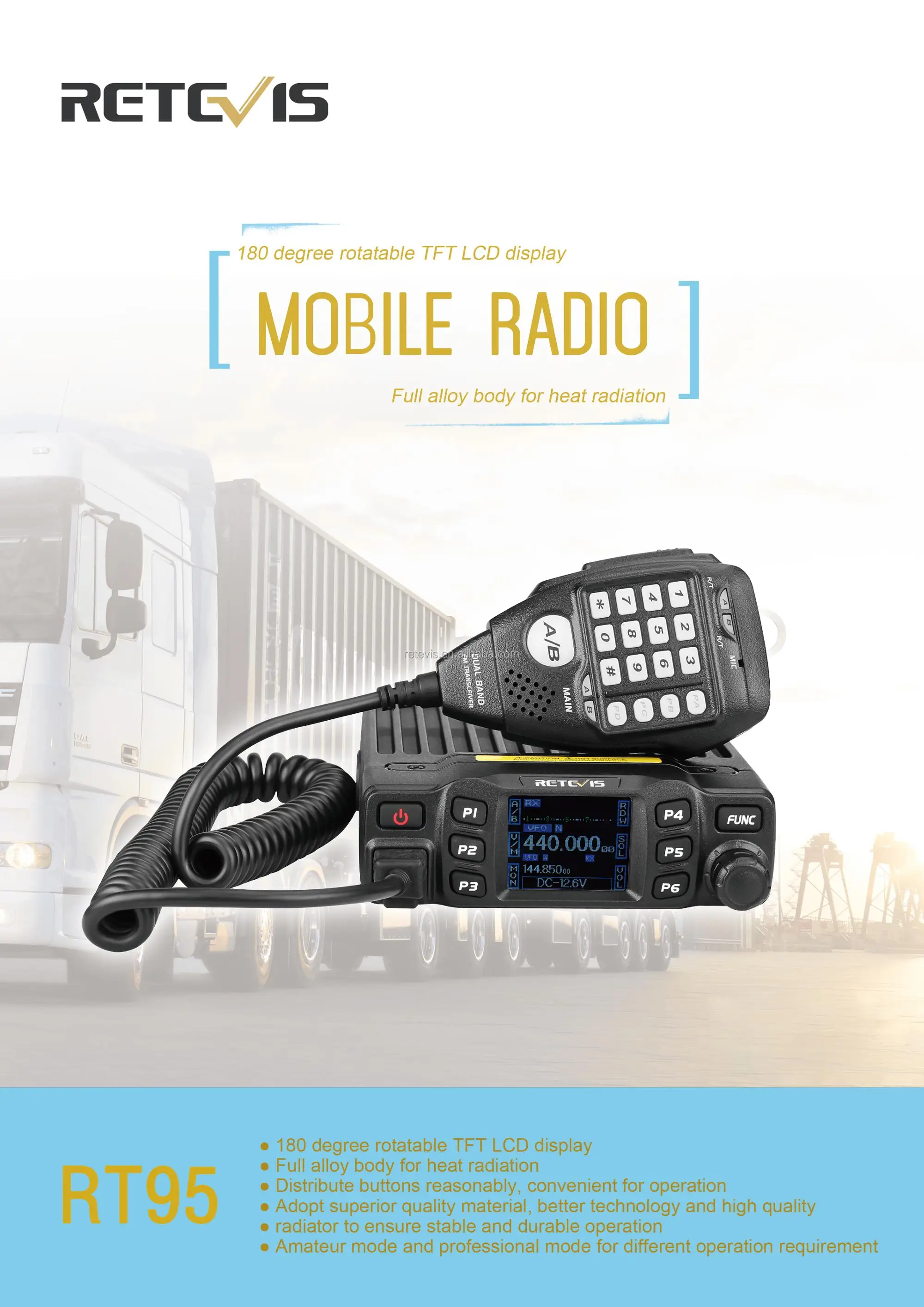 Retevis Rt95 Mobile Radio Dual Band Transceiver Vhf 136-174/uhf430-490 ...