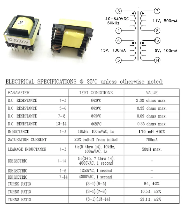 High Voltage Ferrite Core Flyback Transformer E20/10/6, 60khz