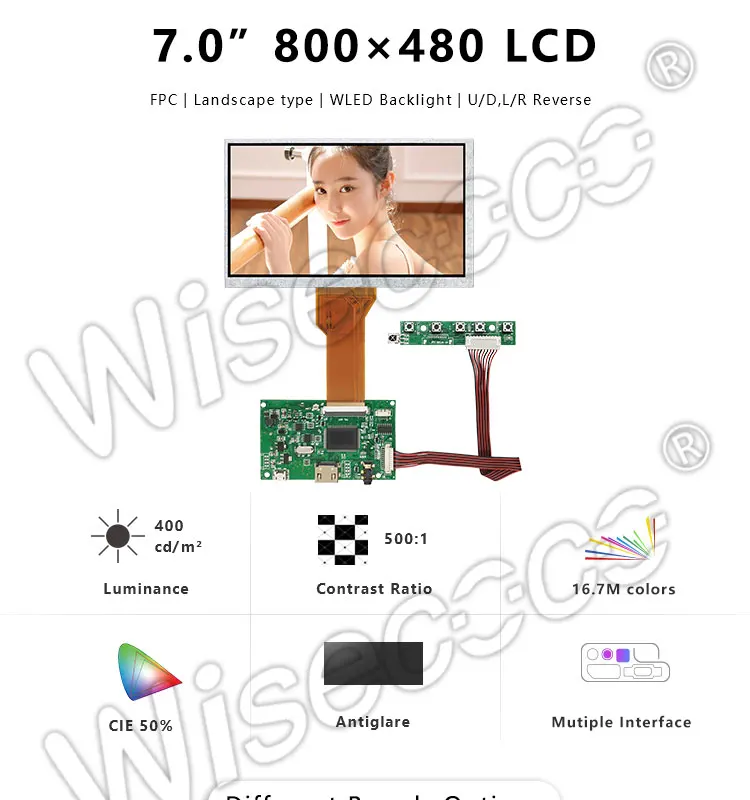 50 Pin Connector LED Display Panels 7 Inch 800*480 TFT LCD Display for ...