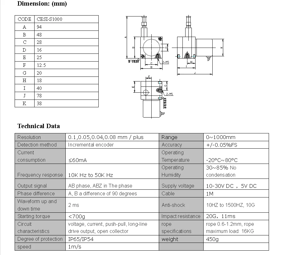 CALT Draw Wire Position Sensor - 1m Stroke with Digital Display