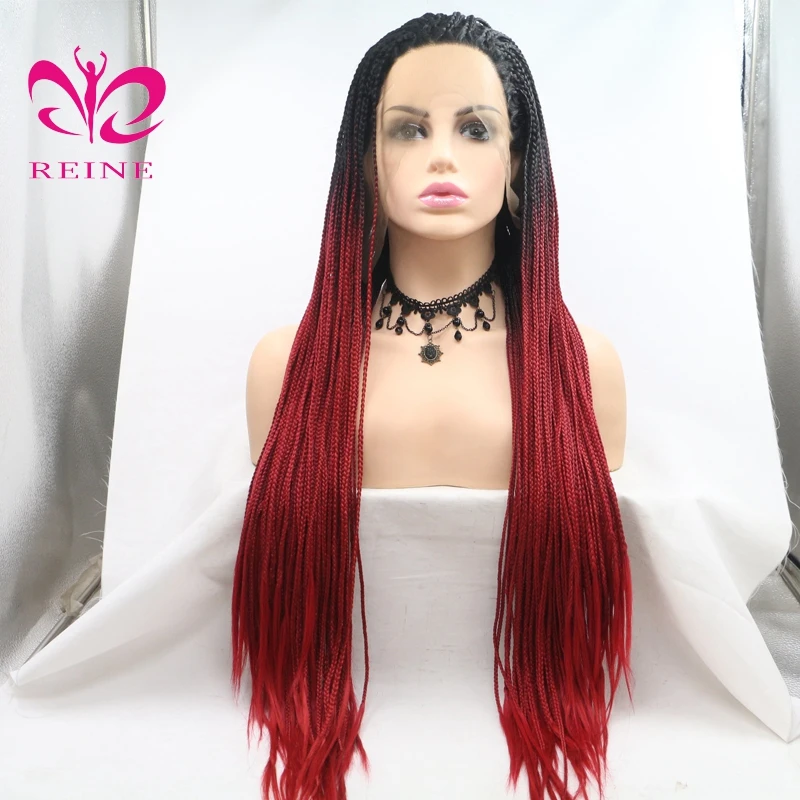 African American Full Box Braided Ombre Synthetic Lace Front Wig 1b Red
