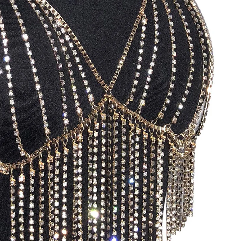 Fashion Gold Women's New Gold Plated Tassel Rhinestone Body Chest Chain ...