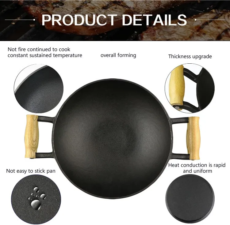 Japanese Flat Bottom Cast Iron Wok With Two Wooden Handles - Buy Wok ...