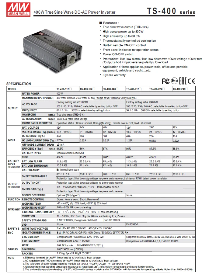 Original Meanwell Ts-400-112b 400w True Sine Wave Dc Ac Power Inverter ...