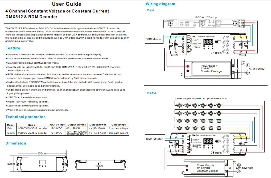 D4-L DMX Controller - 4CH PWM Constant Voltage LED Decoder