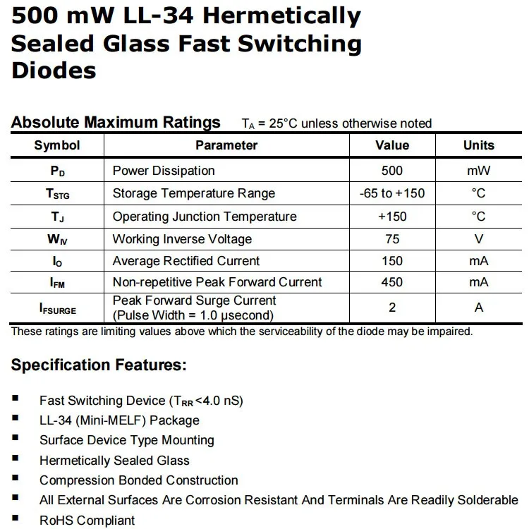 Hermetically Sealed Glass SMD LL-34 Switching Diode LL4148