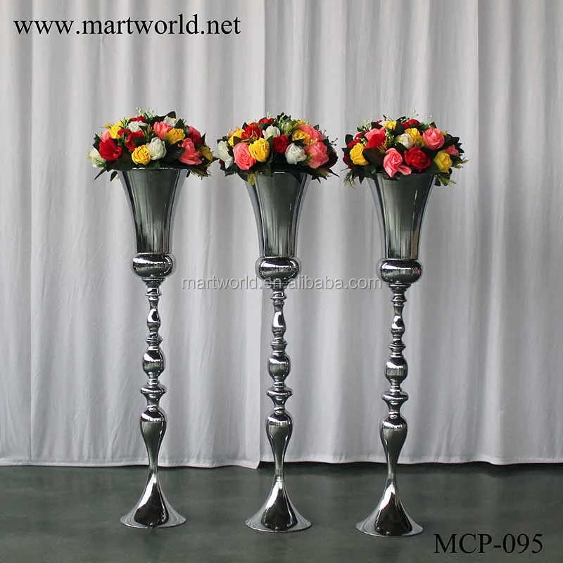 2019 Trumpet Shape Metal Silver Tall Flower Vase Stand Walkway Stand ...
