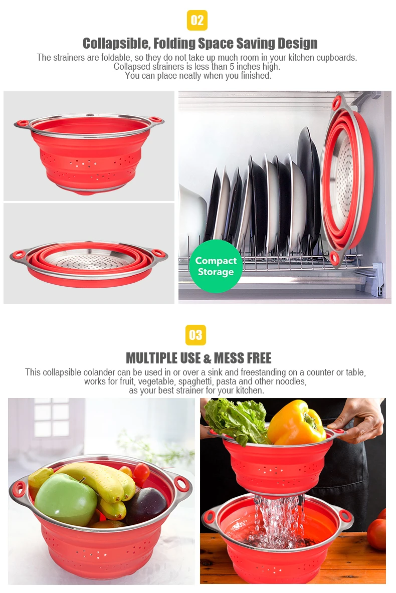 New Design Foldable Silicone Stainless Steel Collapsible Colander ...