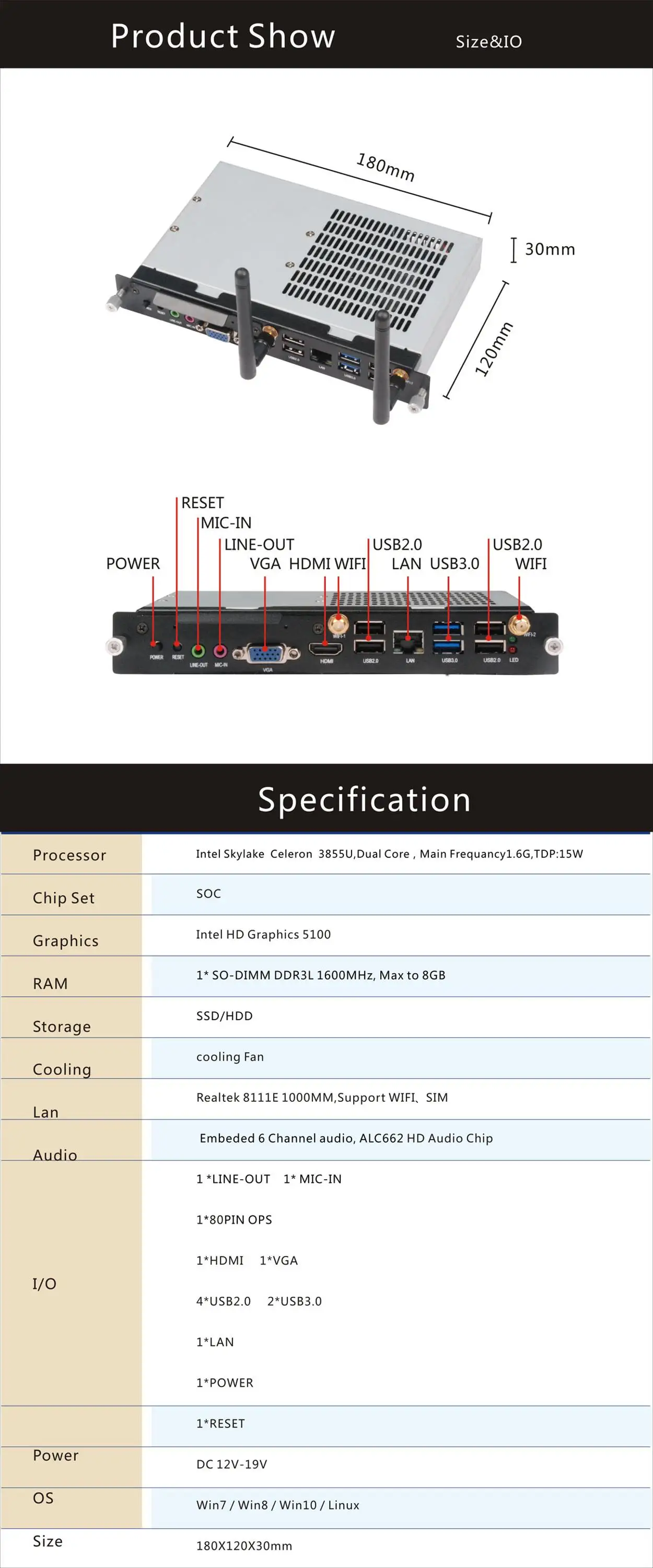 Standard intel 80PIN OPS Jae TX25 connector mini PC with 3855u/i3/i5 ...