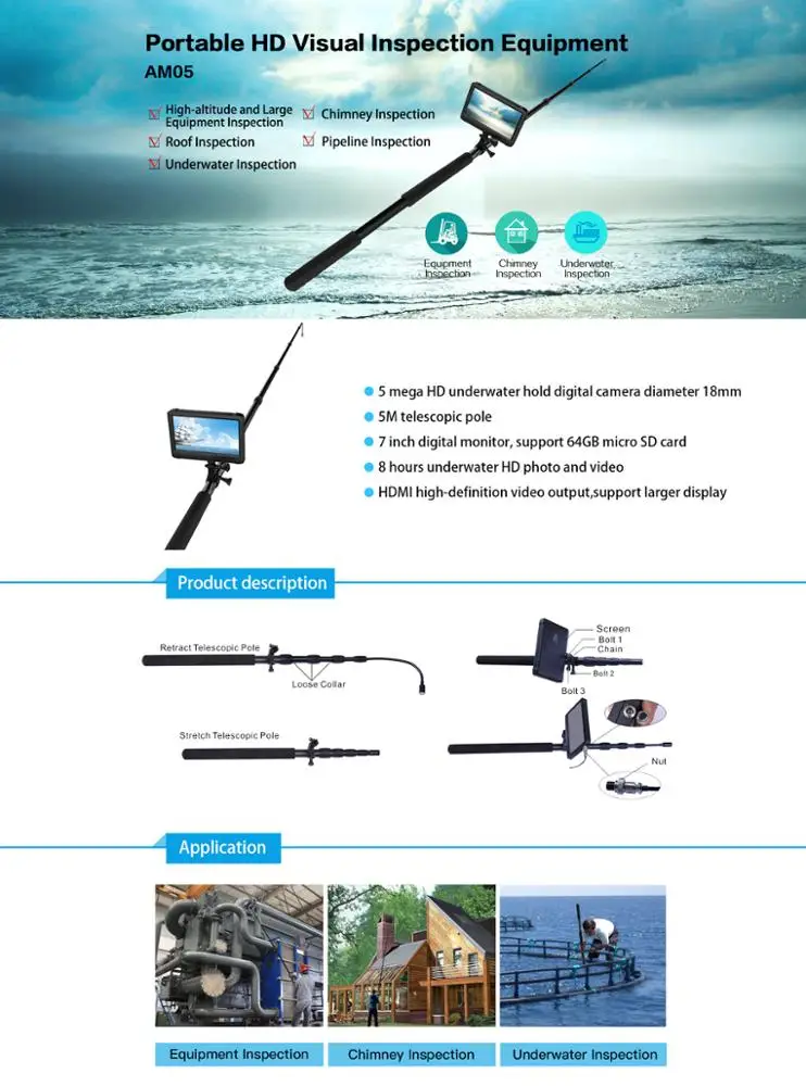 Endoscope Camera - 5m Telescopic Pole with 7 Inch DVR