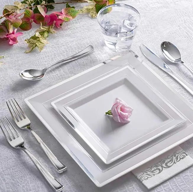 Square Silver Plates With Disposable Flatware Silverware Set For ...