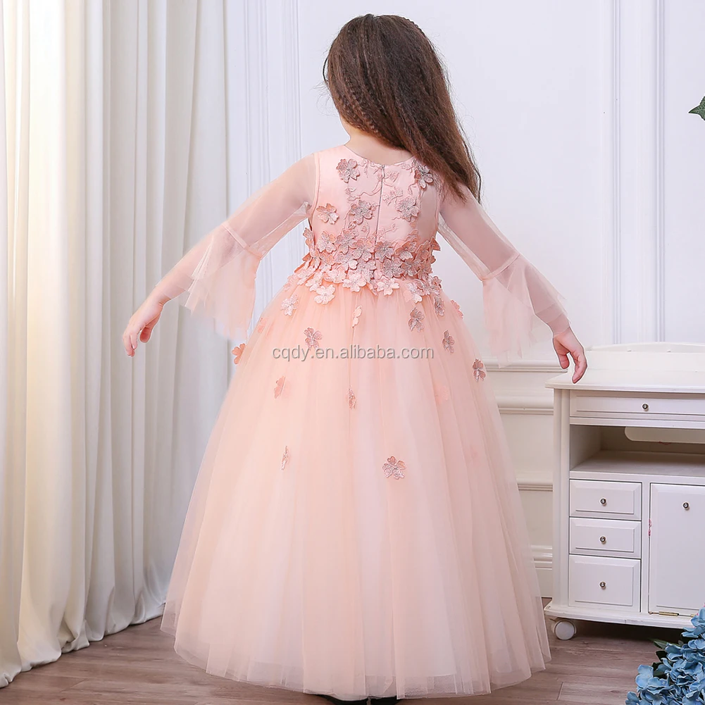 Peach Color Summer Girl Fashion Princess Party Dress Lucid Long Sleeve ...