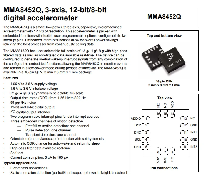 MMA8452Q MMA8452QR1 Digital Accelerometer IC Accelerometer Chip QFN16 ...