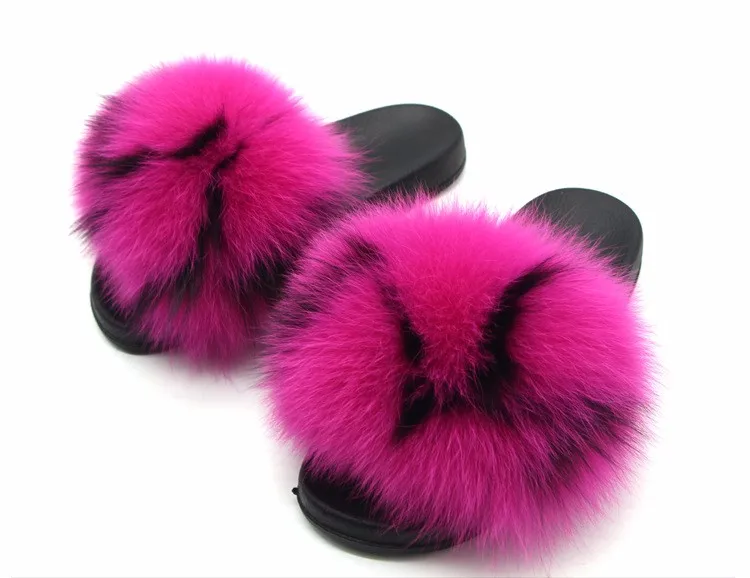 Great Fashionable Fluffy Slides Fuzzy Soft Real Fox Fur Slides For ...