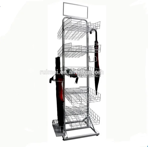 Multi-function Umbrella Display Rack - 4 Sides, Metal Baskets