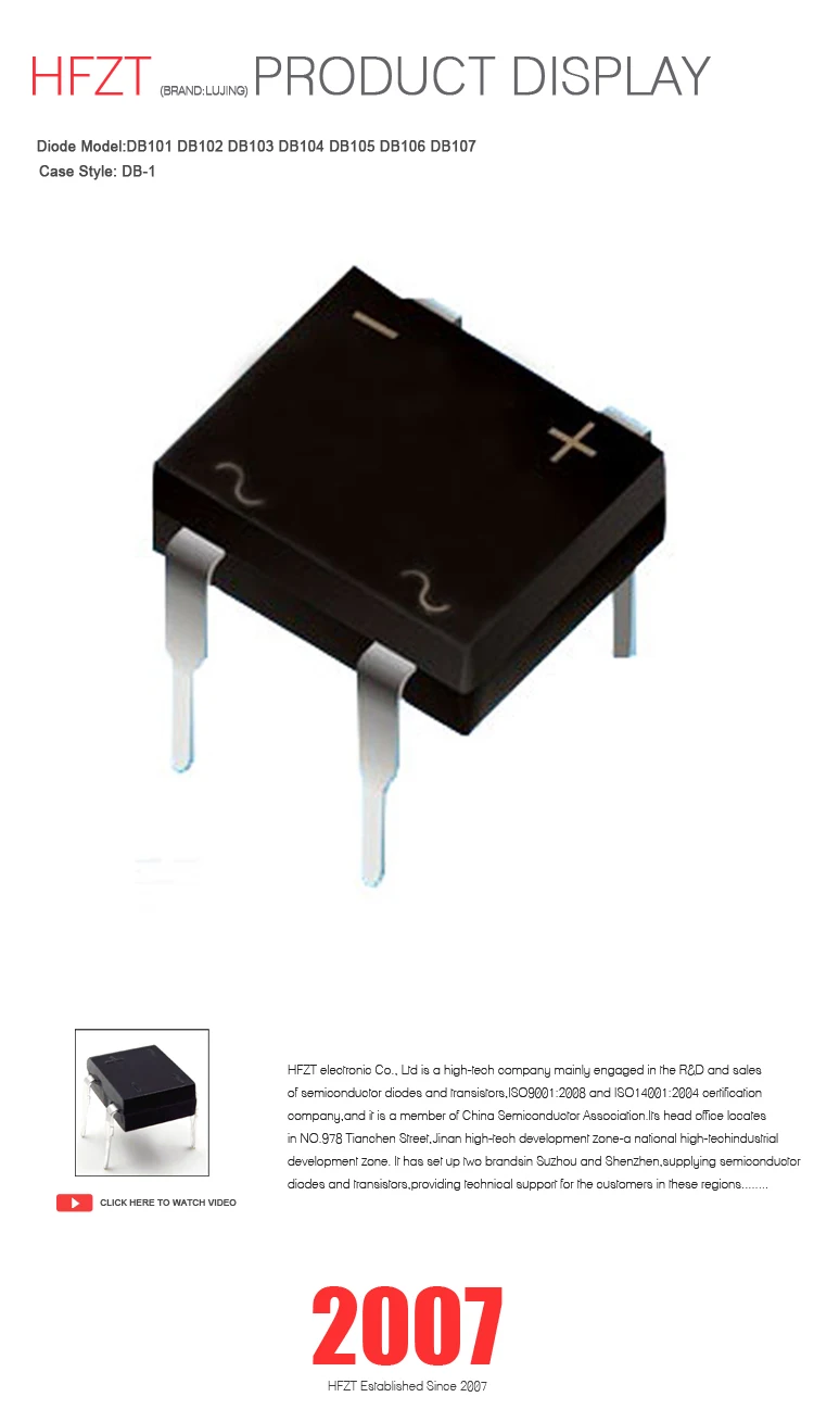 Hfzt Bridge Rectifiers Diode Db101 Db102 Db103 Db104 Db105 Db106 Db107 ...
