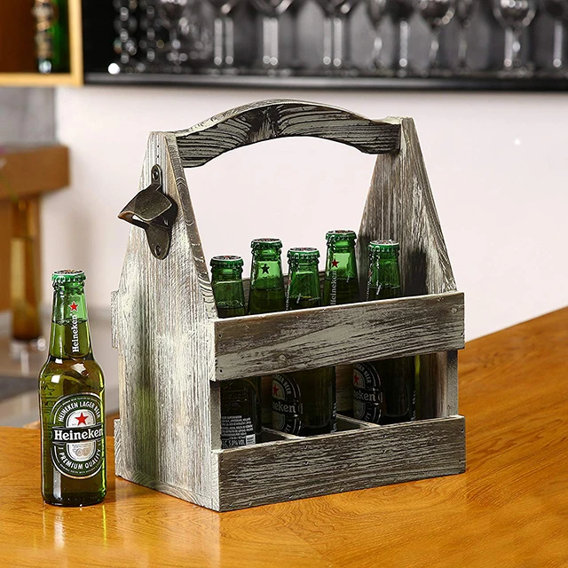 Rustic Wooden 6 Beer Bottle Crate Box with Dividers