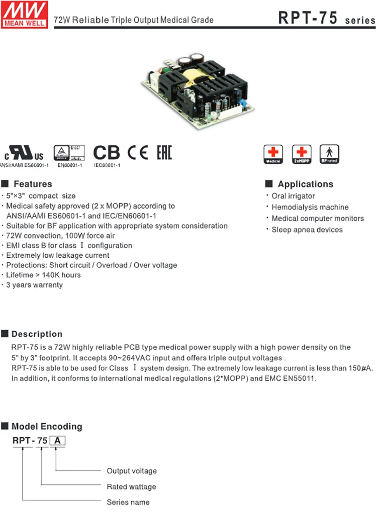 Mean Well RPT-75B 75W Triple Output Medical Smps 5V 12V -12V Power Supply