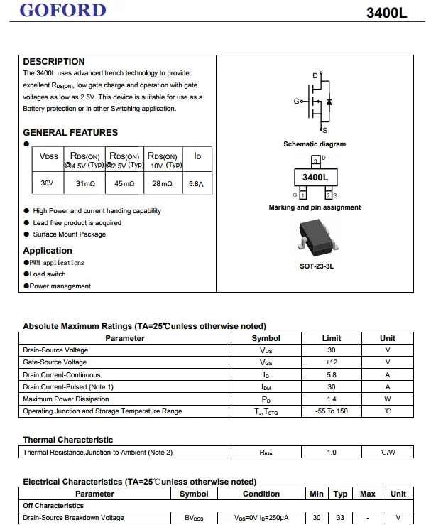 Ao3400 Integrated Circuit Sot-23-3l N-channel 30v Mosfet - Buy Ao3400 ...