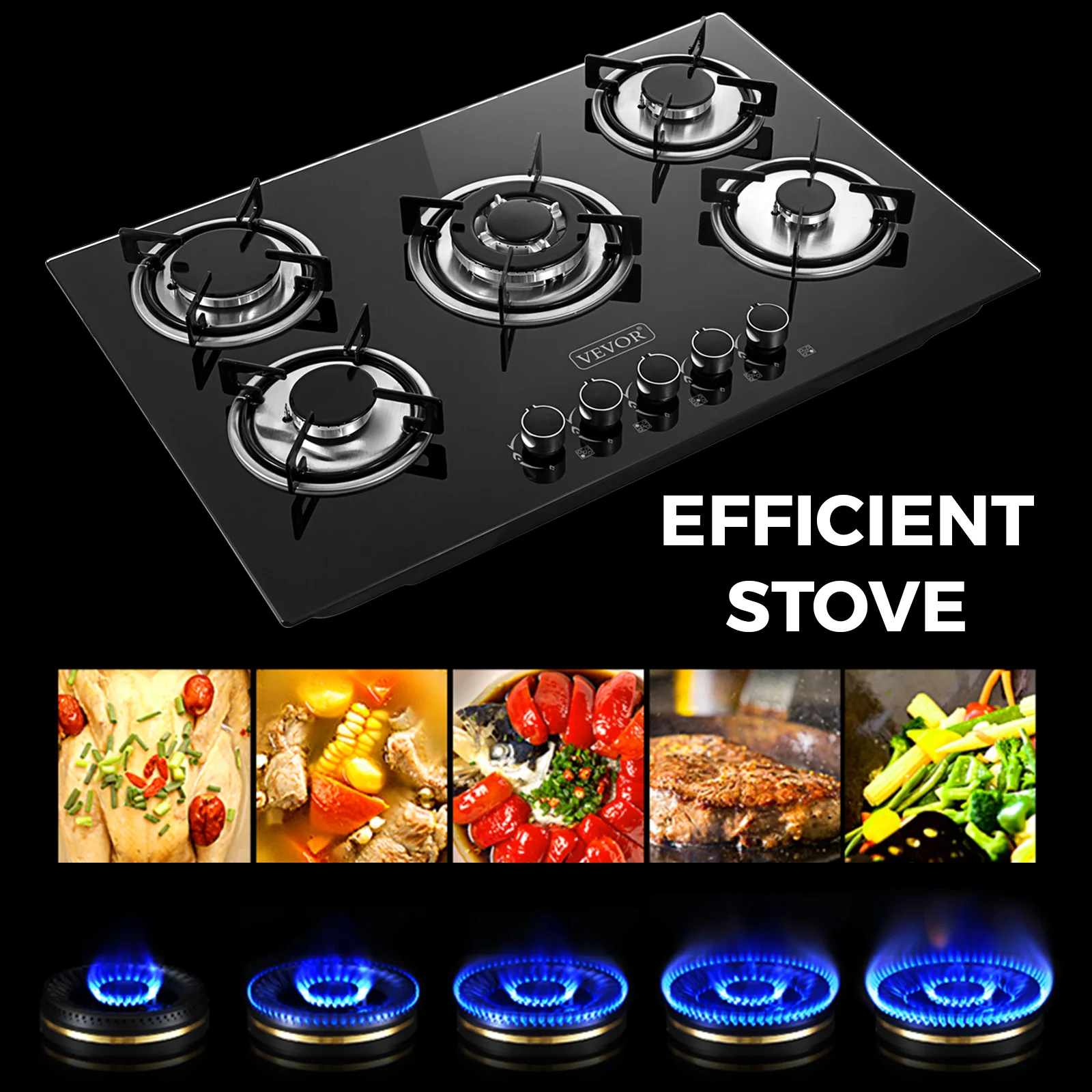 5 Burners Gas Stove/gas Cooking Hob/tempered Glass Cooktops Built-in ...