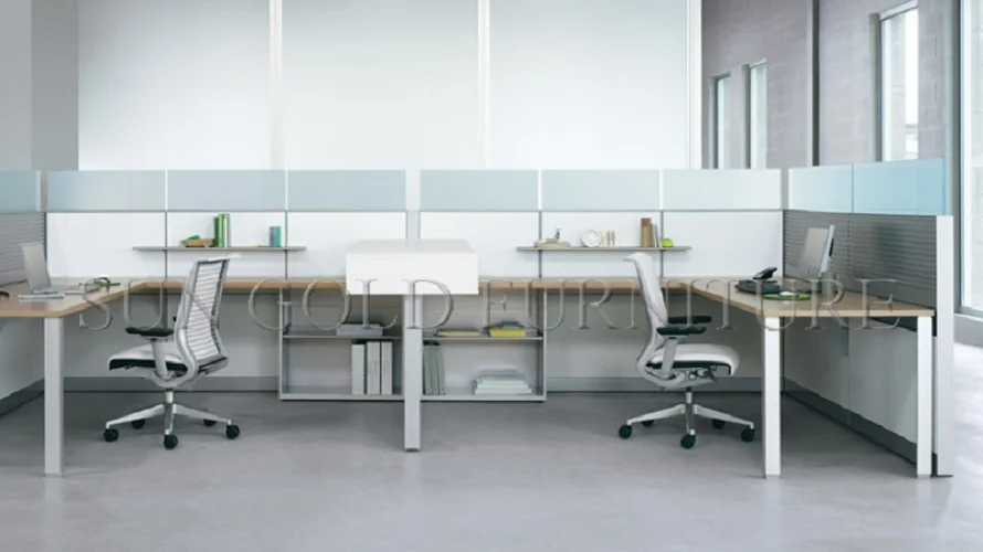 Modern Unik Sisi Ke Sisi Ganda Bentuk L Cubicle Kantor Untuk 4 Orang ...