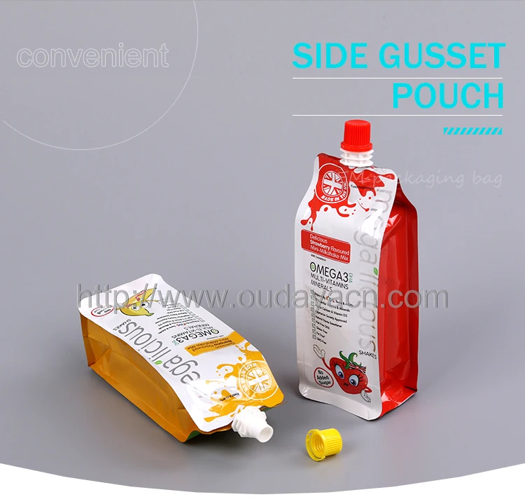 Flat Bottom Side Gusset Stand Up Pouch With Spout For Energy Drink ...