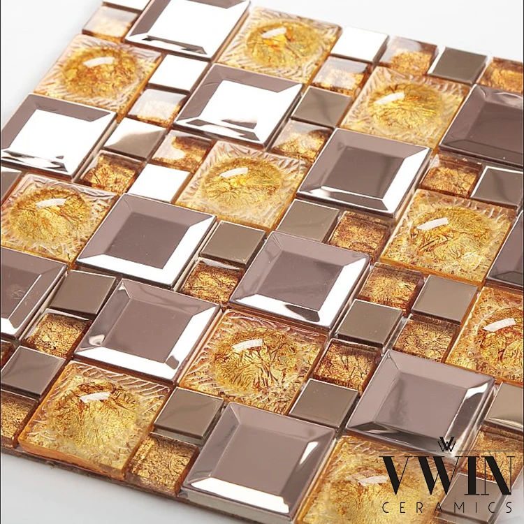 Shiny Gold Crystal Mosaic Glass Tiles Gold Color Mirror Glass Mosaic ...